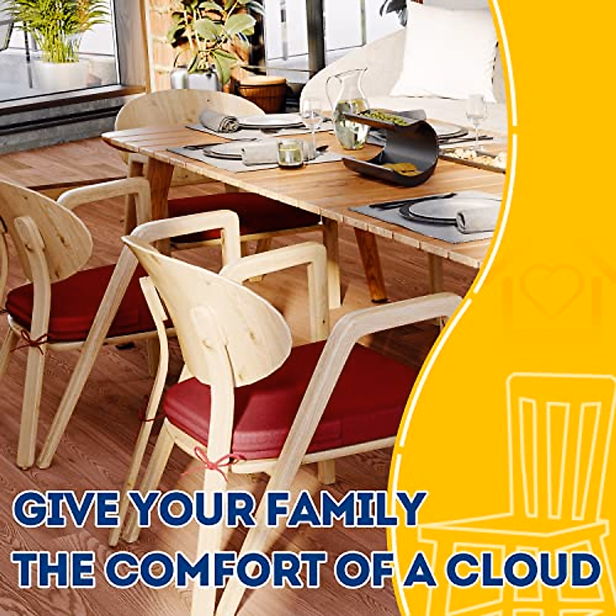 AAAAAcessories Square Chair Cushions with Ties and Removable Cover, 2" Thick Kitchen Chair Pads, Indoor Dining Room Chair Cushions, 16" x 16", 6 Pack, Wine Red