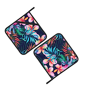 Pot Holders Sets Neon Tropical Hawaiian Flowers Heat Resistant Coaster Potholder 2 Pcs Set for Cooking Baking Non-Slip Water-Proof Potholders for Kitchens