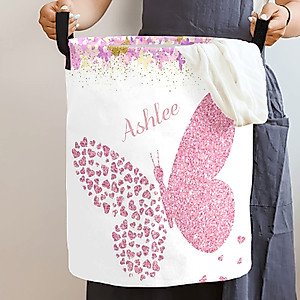 Personalized Laundry Basket, Pink Confetti Butterfly Custom Storage Bins Laundry Hamper with Name Collapsible Toys Organizer