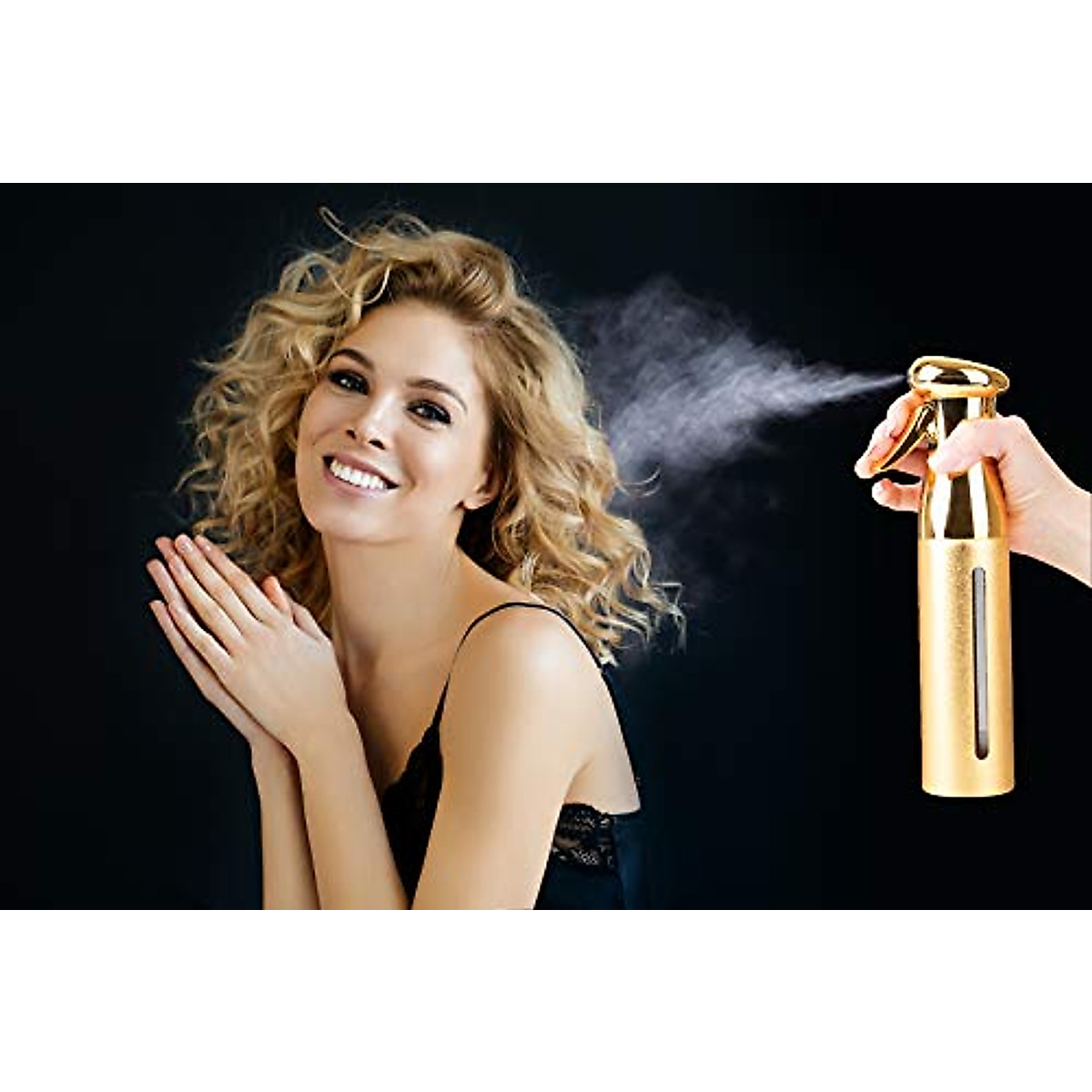 Salon Style Hair Spray Bottle (10oz) Patent – 360 Ultra Fine Water - Continuous Aerosol Free Trigger Mist Sprayer Bottle by Beautify Beauties (Gold)