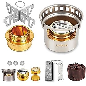 UVIKTE 2 In 1 Mini Alcohols Stove Camping Backpacking Portable Alcohol Spirit Burner With Stainless Steel Cross Stand, Ultralight Tiny Brass Survival Coffee Hiking, Storage Bag,SILVER