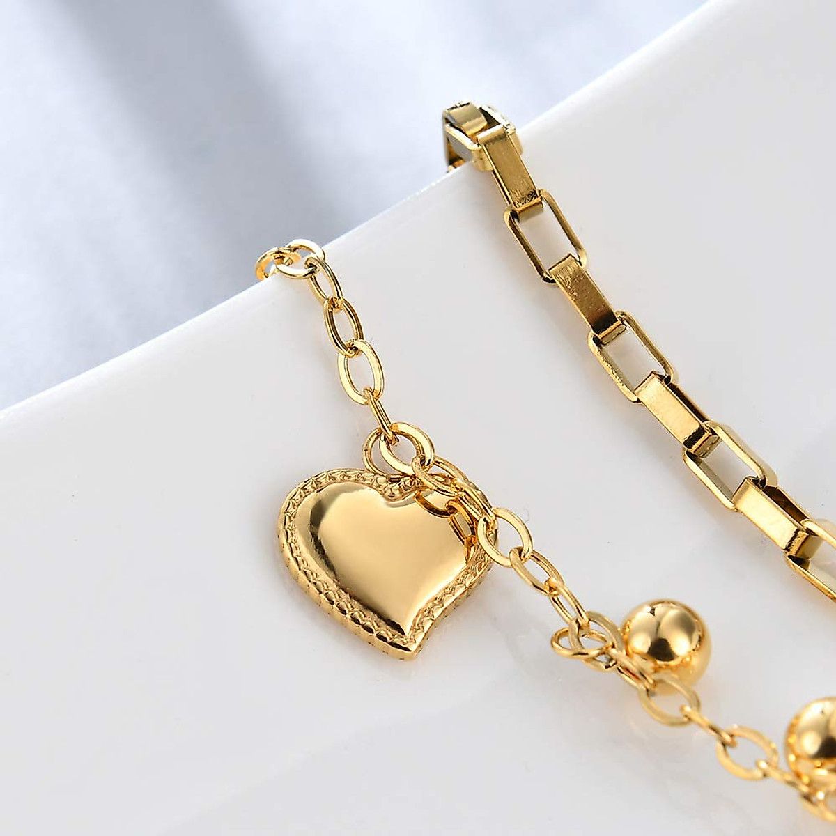 Jude Jewelers Stainless Steel Heart Charm Box Chain Adjustable Size Strand Bracelet (Gold)