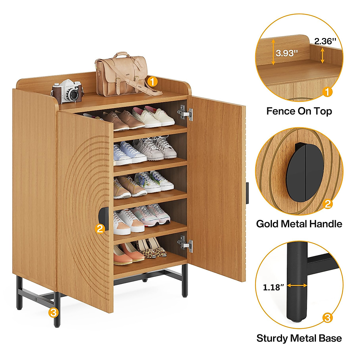 Tribesigns 6-Tier Shoe Cabinet with Doors, Shoe Storage Cabinet with Adjustable Shelves, Modern Wood Shoe Rack Shoe Storage Organizer for Entryway, Hallway (Brown & Black)