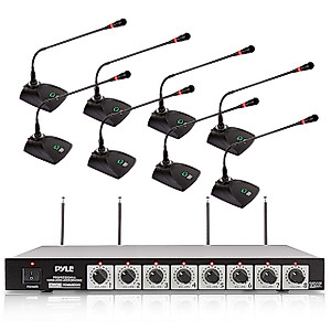 Pyle 8 Channel Wireless Microphone System - Portable VHF Cordless Audio Mic Set with 1/4" and XLR Output, Dual Antenna, - Includes 8 Table Top Mics, Rack Mountable Receiver Base - Pyle PDWM8300,Black
