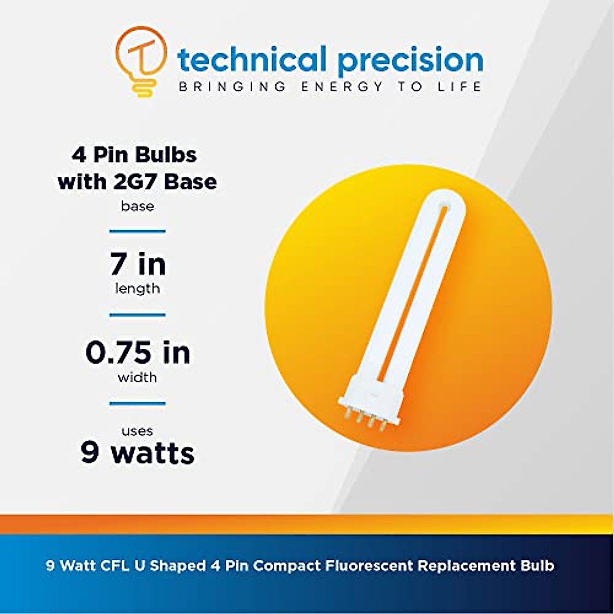 Technical Precision 9 Watt Self Ballasted U Shaped 4 Pin Compact Fluorescent Light Bulb Replacement for Kandolite 96500 Light Bulb T4 CFL 4 Pin Bulbs with 2G7 Base - 6500K - 8000 Hours - 1 Pack