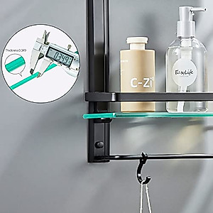 AIJALY Bathroom Glass Shelf,Aluminum Tempered Glass 0.34in Extra Thick Rectangular 2 Tier Storage Organizer Wall Mount,Black 15.7in