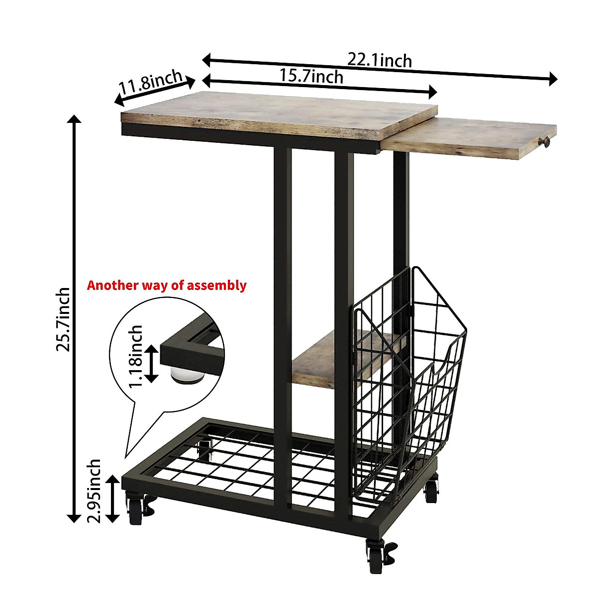 X-cosrack C End Table with Wheels C Shaped Side Table with Side Pocket Industrial Wood Sofa Side End Tables Rolling Casters for Coffee Laptop Sofa Couch Bed Living Room