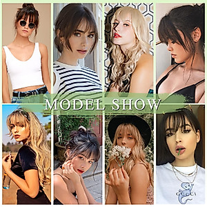 100% Human Hair Bangs Clip in Hair Extensions, Medium Brown Clip on Bangs Wispy Bangs Fringe with Temples Hairpieces for Women Curved Bangs for Daily Wear