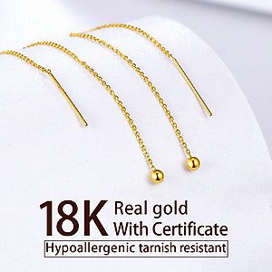 Solid 18k Gold Ball threader Earrings Dangle for Women Real Gold, Dainty Gold thin Earrings Tiny for Girls Lover, Pure Gold With Certificate Fine Bride Jewelry for Wedding Prom Party Birthday