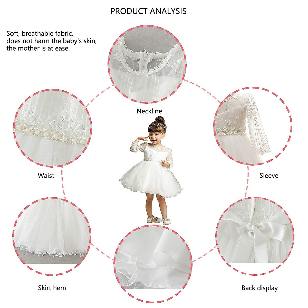 Happy Cherry Baby Girls Long Sleeves Tulle Tutu Dress Christening Baptism Gowns Size 12M - White