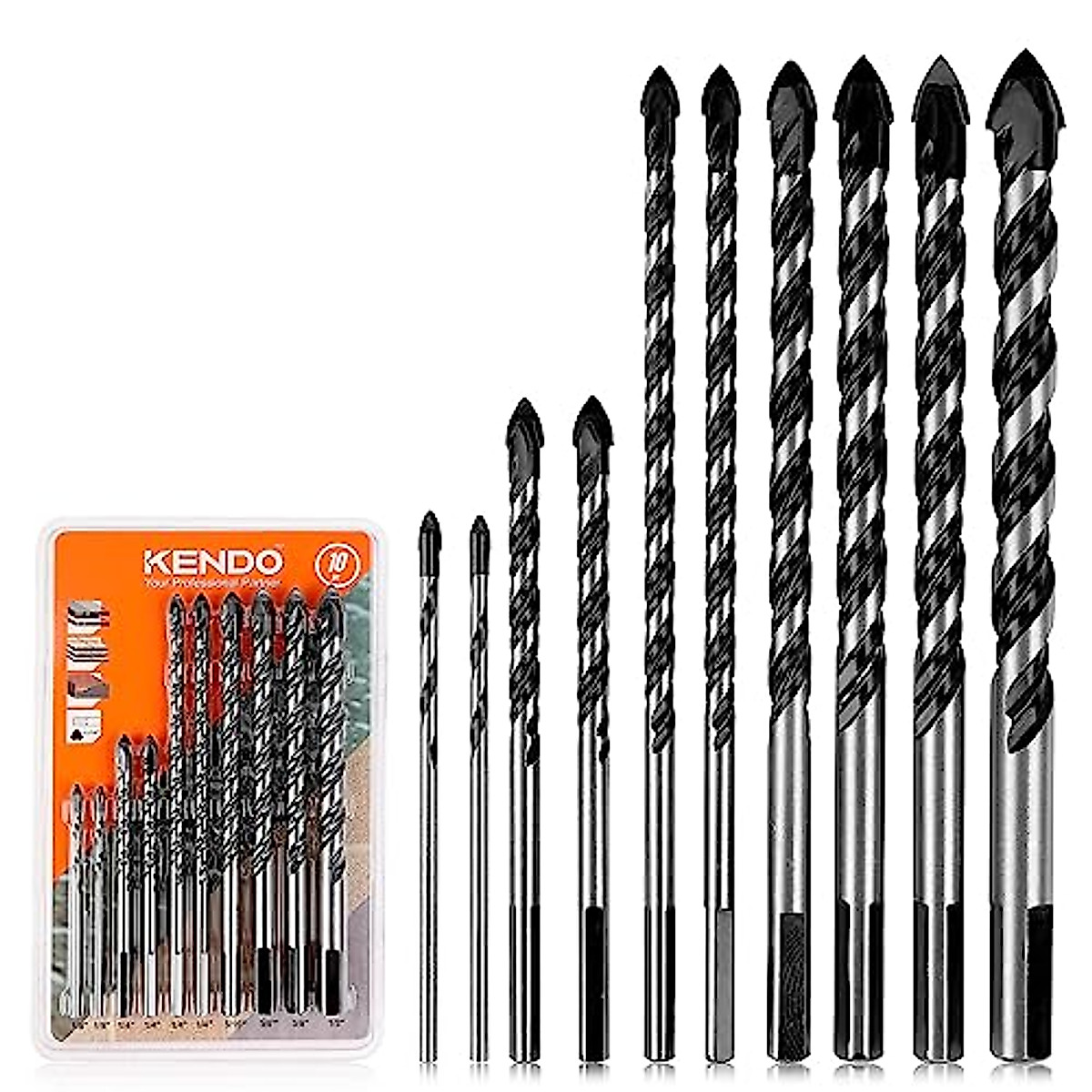 KENDO 10PCS Multi-Purpose Masonry Drill Bits Set,1/8 to 1/2" Concrete Drill Bit Set,Carbide Tipped for Glass, Tile, Plastic, Cement, Concrete, Granite, Wall, Iron Sheet, Brick, Wood etc