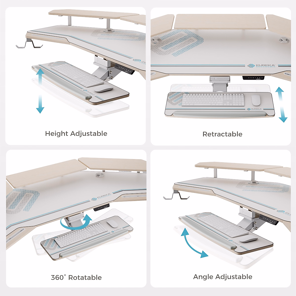 EUREKA ERGONOMIC Standing Desk with Keyboard Tray, Gaming Desk, Wing Shaped Sit Stand Desk 72'' Large Music Studio Desk, LED Convertible Shelves, Dual Motor&Slot, Maple, X-Large (ES71)