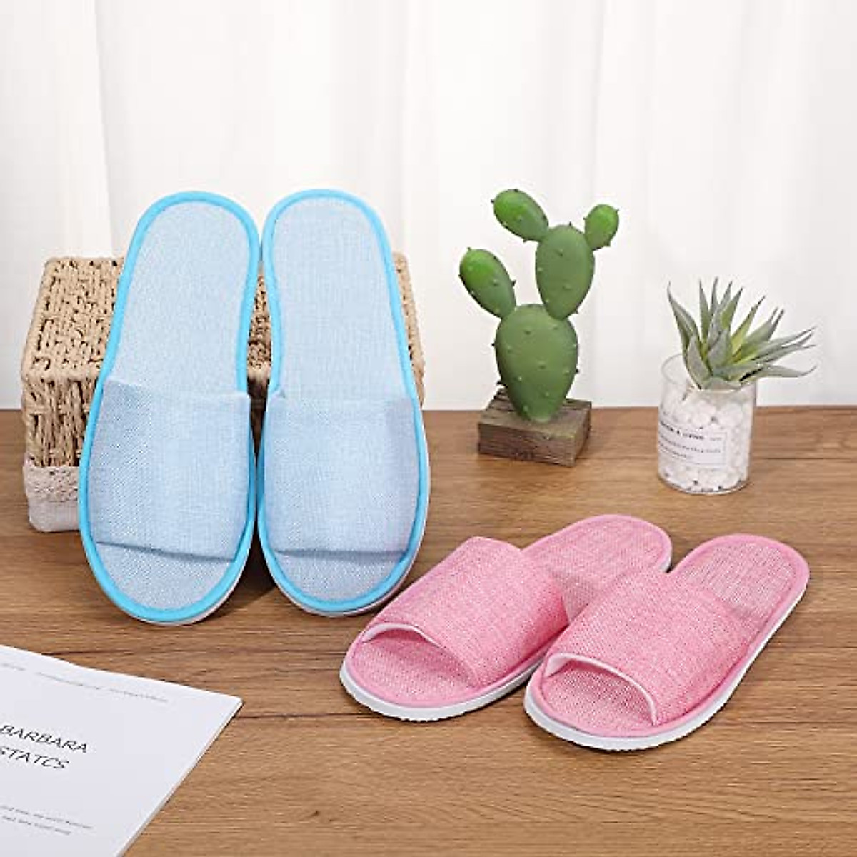 10 Pairs Washable House Slippers for Guests Open Toe Spa Slippers Women Men Soft Disposable Slippers Cotton Linen Hotel Slippers Bulk Non Slip Breathable for Indoor Travel Bedroom Party (Pink, Blue)