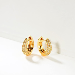 Valloey Rover Women Thick Huggie Hoop Earrings, 14K Plated Gold Dainty Cubic Zirconia Huggie Hoops Cute Hypoallergenic Hoop Earring Minimalist Jewelry Gifts for Lady