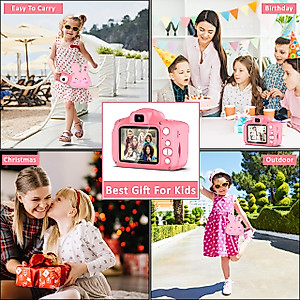 ACHSON’s Selfie Kids Camera, Christmas Birthday Gifts for Girls Age 3-9, HD Digital Video Cameras for Toddler, Portable Toy for 3 4 5 6 7 8 9 Year Old Girl with 32GB SD Card & Bunny Bag -Pink