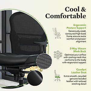 HON Wave High Back Office Chair Ergonomic Office Chair with Leather Seat, Breathable Back Mesh Desk Chair With Wheels and Arms, 360 Swivel, Synchro-Tilt Recline - Comfortable Home Office Desk Chair