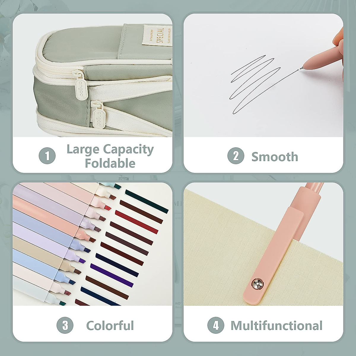 Henoyso 18 Set Aesthetic Bible Study Supplies Include Big Capacity Pen Bag with Zipper 12 Pcs Chisel Tip Bible Highlighters 5 Pcs Quick Dry Retractable Black Ink Pens for Office(Green)