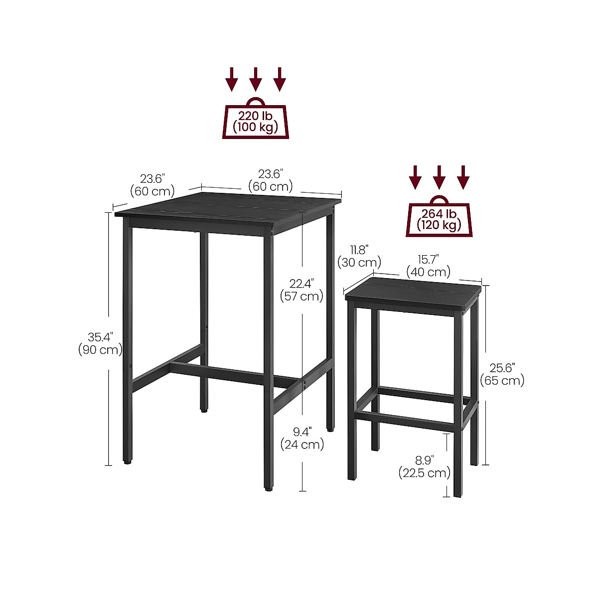 VASAGLE Bar Table and Chairs Set, Square Bar Table with 2 Bar Stools, Dining Pub Bar Table Set for 2, Space Saving for Kitchen Breakfast, Living Room, Party Room, Ebony Black and Ink Black