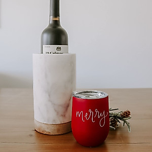 Sweet Water Decor Merry Metal Wine Tumbler | 12oz Stainless Steel Insulated Stemless Wine Cup With Lid | Cute Wine Glass with Funny Sayings for Women, Christmas, Holiday, Winter, Xmas