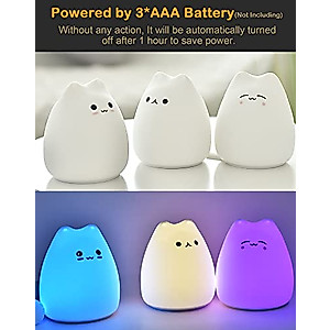 LED Cat Night Light, Battery Powered Night Light for Kids, Silicone Multicolor Cute Cat Lamp with Warm White and 7-Color Breathing Mode, Gifts for Kids, Baby, Children (Celebrity Cat)