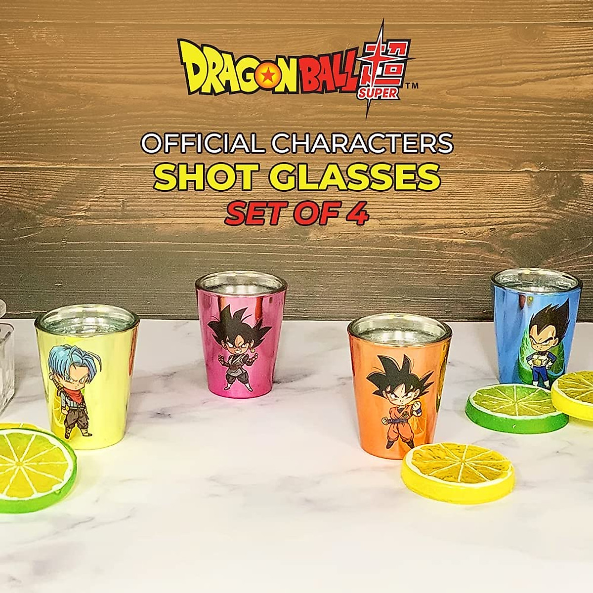 JUST FUNKY Dragon Ball Super Mini Glass Set | 2 Oz Shot Glasses Set of 4 | Featuring Trunks, Goku Black, Goku, and Vegeta Including their Super forms | Officially Licensed