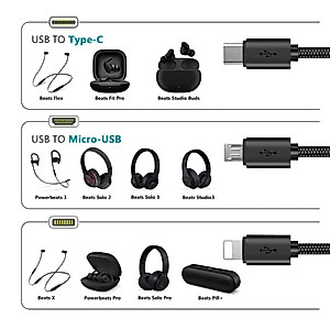 Replacement 3-in-1 Wall Charger Charging Cable Power Cord for Beats by Dr Dre Solo Pro 3 2, Studio 3 2, Studio 1/Buds, Powerbeats Pro 3 2 1, Fit Pro, Flex, Beats X Headphones, Pill+ Plus 2.0 Speakers