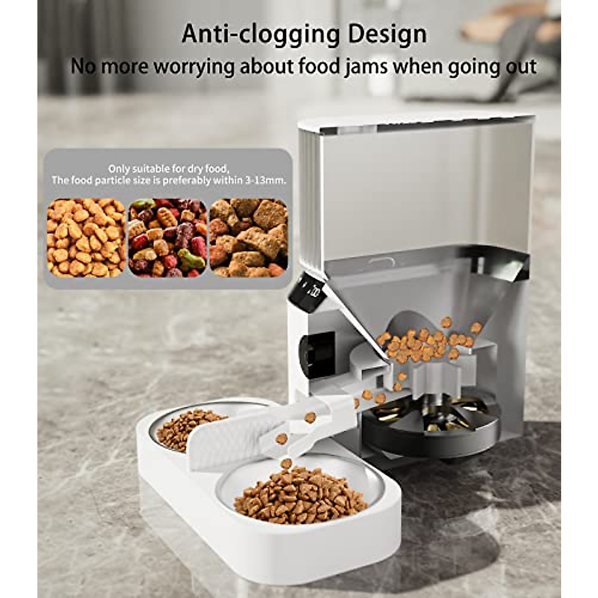 Automatic Cat Feeders with Camera,1080P HD Night Vision 2.4G WiFi 5L Pet Feeder,Height Adjustable Dog Dry Food Dispenser,Two Way Splitter & Three Stainless Bowls,10s Meal Call & Interaction (White)