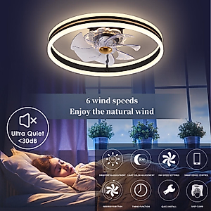 Fszdorj 2023 Upgraded 20‘’ Smart Ceiling Fan with Light, Low Profile Fan, Flush Mount Ceiling Fan, 6 Speeds, Dimmable LED, App & Remote Control, Quiet DC Motor, For Bedroom, Living Room, F105 Black