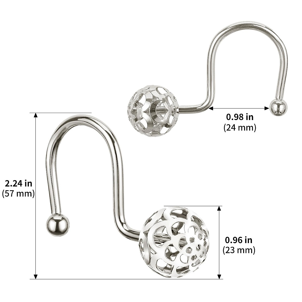 Chictie Nickel Shower Curtain Hooks - Decorative Shower Curtain Rings,Set of 12 Silver Metal Rustproof Shower Hangers for Bathroom Curtains Rods Hollow Ball Design