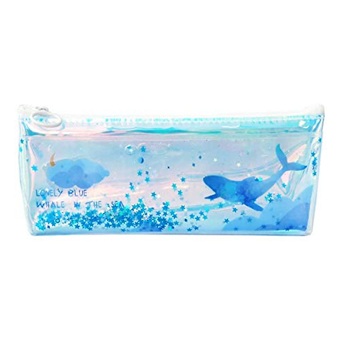 Funny live Blue Ocean Blue Whale with Sequins Drift Pencil Bags Transparent Pencil Case Stationery Pouch Bag TPU Makeup Storage Bags (Style B)