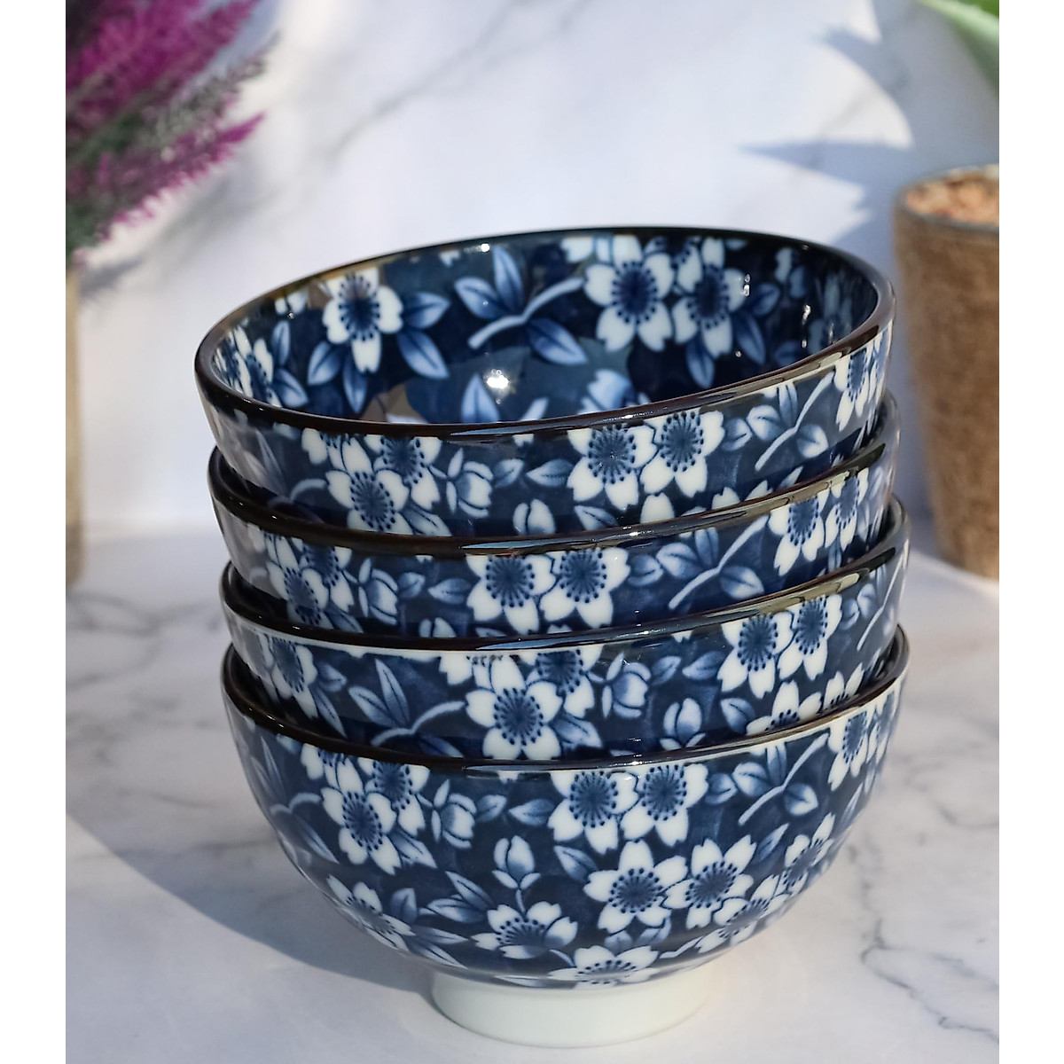 Ebros Gift Made in Japan Ming Style Blue And White Summer Floral Blossom Design 12oz Rice Soup Cereal Porcelain Bowls Set of 4 Home Decor Zen Asian Fusion Accent Housewarming Birthday Gifts Bowl Set