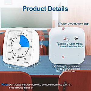 Yunbaoit Visual Timer with Night Light, 60-Minute Countdown Timer for Kids and Adults, Silent Classroom Timer, Time Management Tool for Home, School, or Work (Light White)
