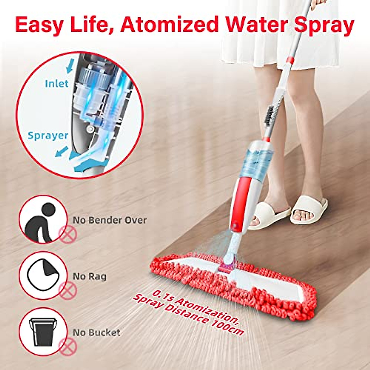 DDSNTY Mops,Spray Mops for Floor Cleaning,Spray Mop with Washable Pad,Kitchen Dry & Wet Mop with 410ML&300ML Refillable Bottle 4 Reusable Washable Pads for Hardwood Laminate Wood Tiles Floor Red…