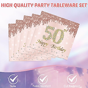 50th Birthday Decorations for Women Rose Gold Birthday Supplies 50th Birthday Tableware Set Include 50th Rose Gold birthday plates and napkins Tablecloth Fifty Birthday Party Decorations Favors for Women