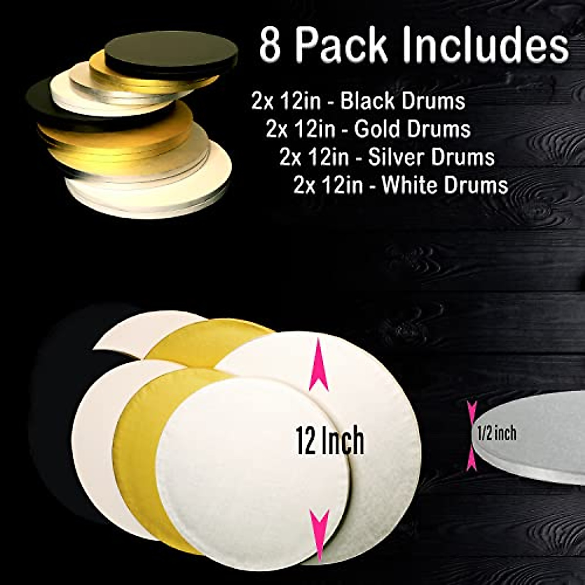 YAARA - 8 Pack 12 Inch Cake Drums in 4 Colors, Black Gold Silver & White Drums. 1/2 Inch Thick with Smooth Edge. Cake boards and its Reusable. Bases Para Pasteles