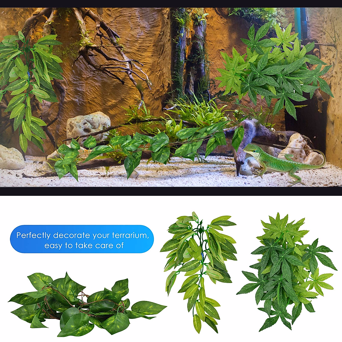 KATUMO Reptile Plants, 3PCS Amphibian Hanging Plants with Suction Cup for Lizards, Geckos, Bearded Dragons, Snake, Hermit Crab Tank Pets Habitat Decorations