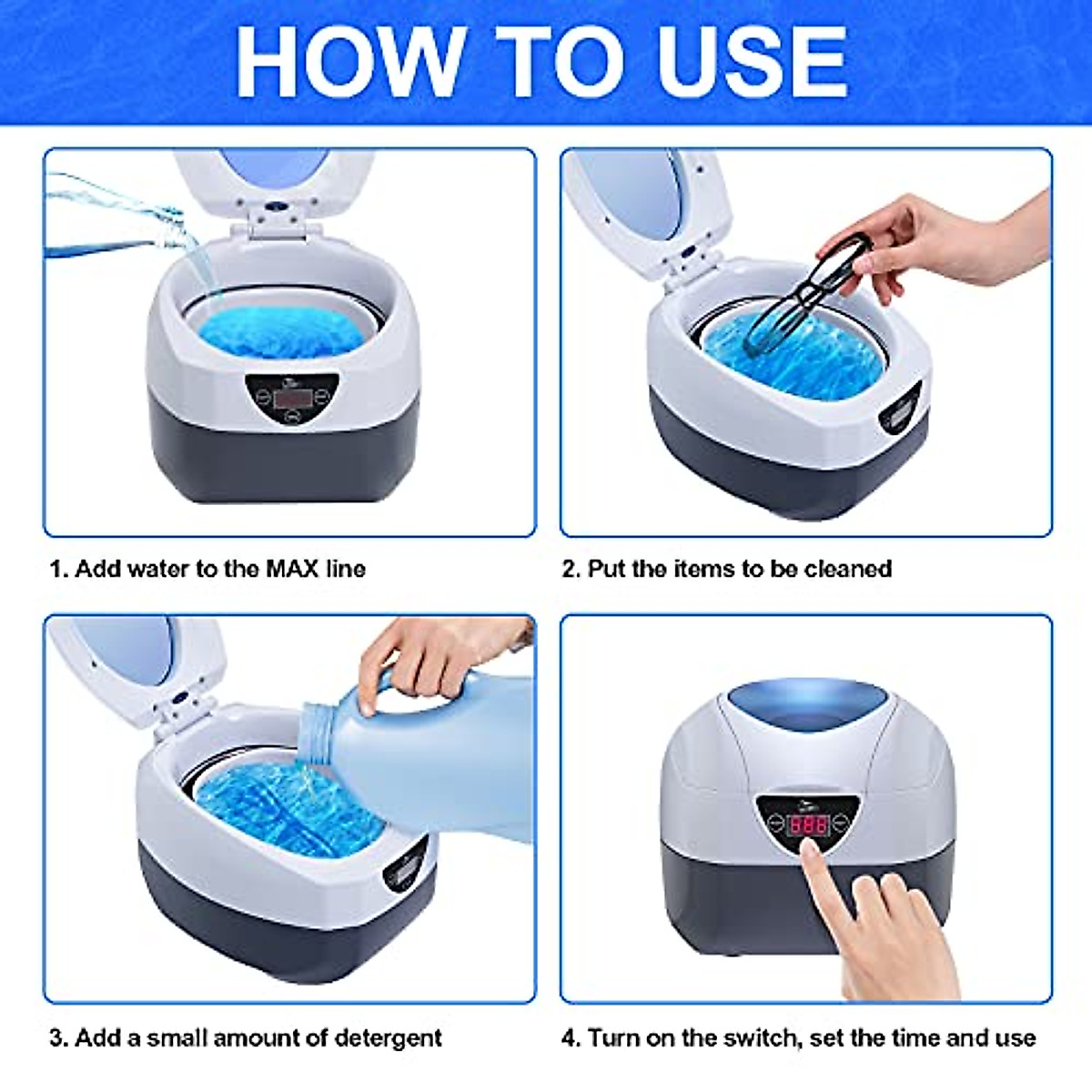 Jewelry Cleaner, Professional Ultrasonic Cleaner with Timer, Portable Household Jewelry Cleaning Machine for Eyeglasses, Rings, Razors, Coin, Earrings, Necklaces, Watches, Combs, Denture 750 mL