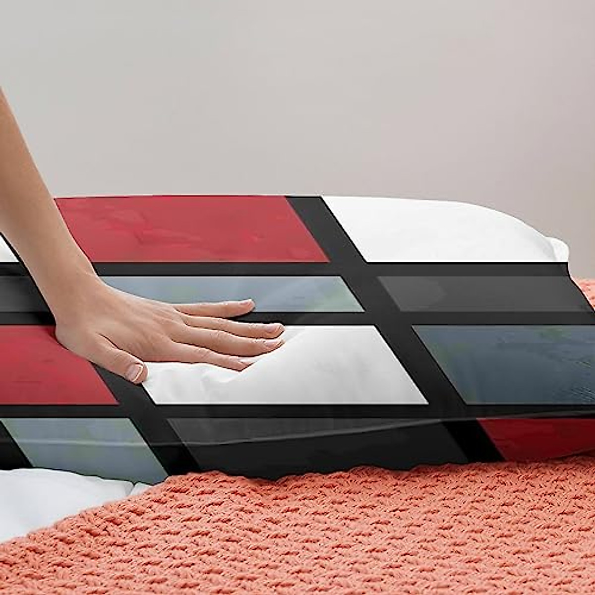 Bedding Sheet Bed Sets, Red Gray Black White Geometric Soft 3-Pieces Duvet Cover Set Comfy 1 Comforter Cover & 2 Pillowcases for All Season Twin(68"×90")