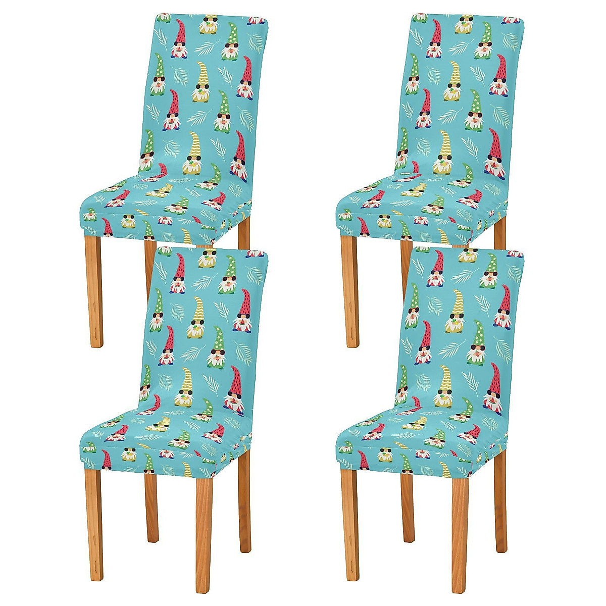 JUNZAN Cute Summer Gnomes with Sunglasses Tropical Plant Blue Chair Back Covers Set of 4 Spandex Folding Chair Covers Large Dining Chair Cover for Folding Chairs Dinning Room