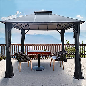 Walnut 10 Ft. X 10 Ft. Metal Outdoor Patio Gazebo with Insulated Double-Roof Hardtop and Netting