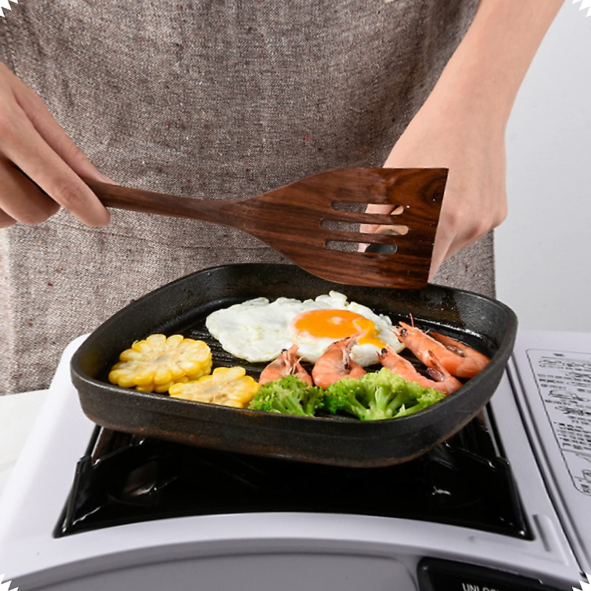 6 PCS Black Walnut Kitchen Utensils Set for Cooking, Natural Wooden Cooking Utensils,Wood Slotted Spoon Spatula Turner Set for Nonstick Cookware Pasta Fork Spaghetti Server Soup Ladle,A