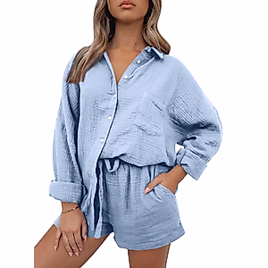 Trendy Queen Two Piece Sets For Women Summer Short Sets Beach Vcation Lounge Pajama 2 Piece Spring Outfits Fashion 2025 SkyBlue S