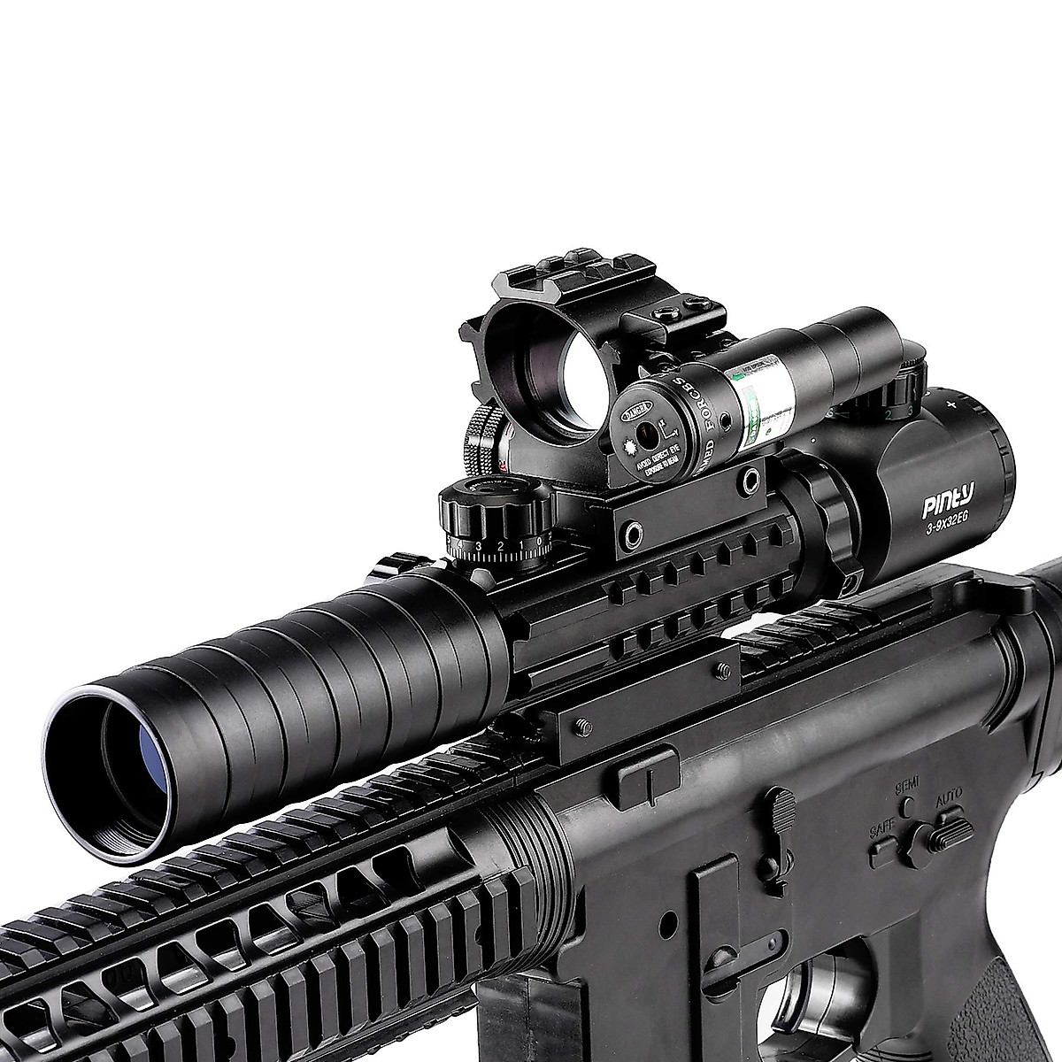 Pinty Rifle Scope 3-9x32 Rangefinder Illuminated Optics Red Green Reflex 4 Reticle Sight Green Dot Laser Sight with 14 Slots 1 inch High Riser Mount,45 Degree Mount