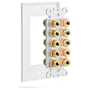 Fosmon [Five Speaker] Home Theater Wall Plate - Premium Quality Gold Plated Copper Banana Binding Post Coupler Type Audio Wall Plate for 5 Speakers (White)