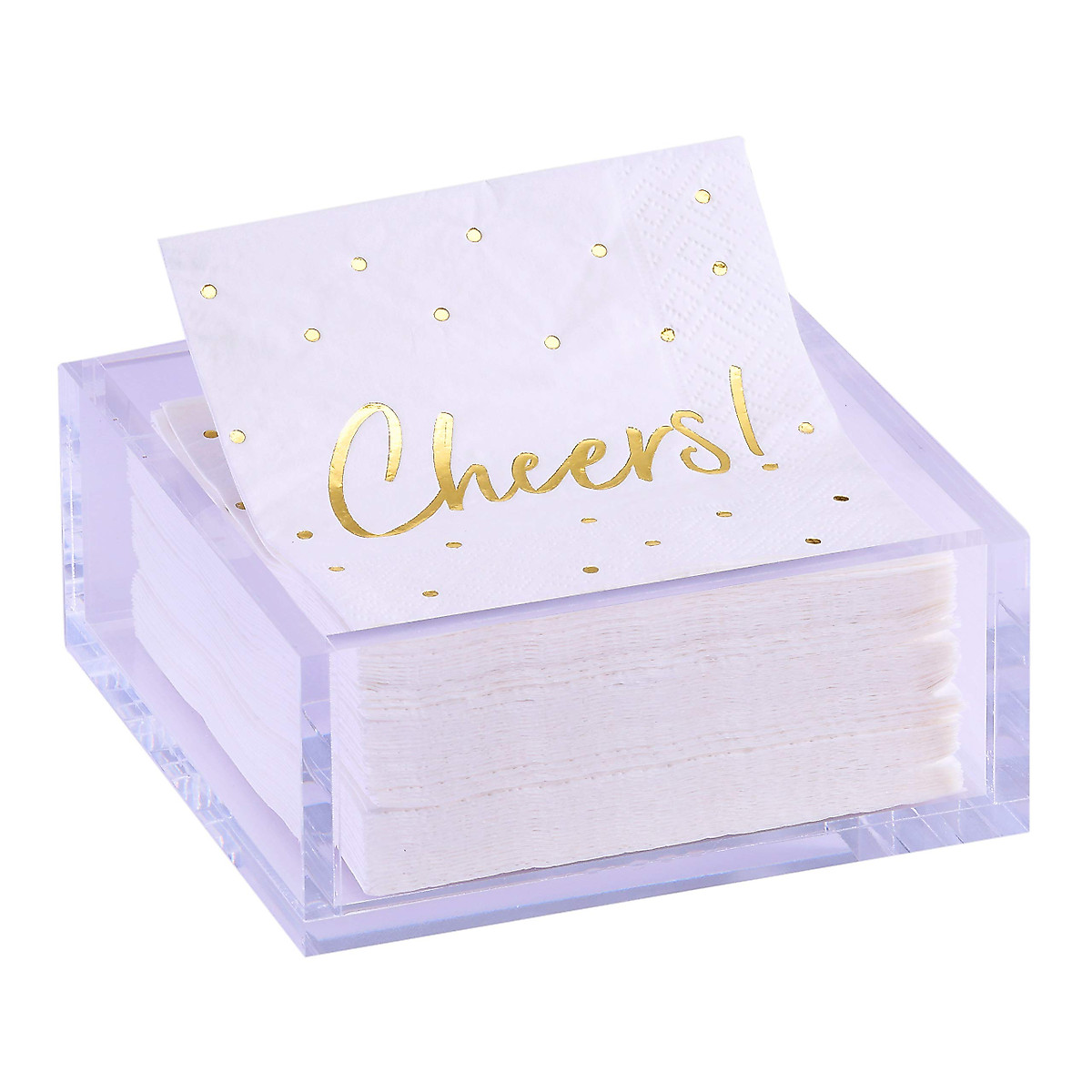 Premium Acrylic Cocktail Napkin Holder - Elegant Napkin Holder with Bonus 20 Gold Embossed 'Cheers' Napkins Included- 5x5 Inches Heavy Duty Acrylic Cocktail Napkin Holder for Parties and Events