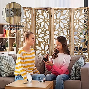 ECOMEX 4 Panel Cutout Room Divider 5.6Ft Wood Room Dividers and Folding Screens Carved Room Dividers Screen for Home Office Restaurant Bedroom, Natural