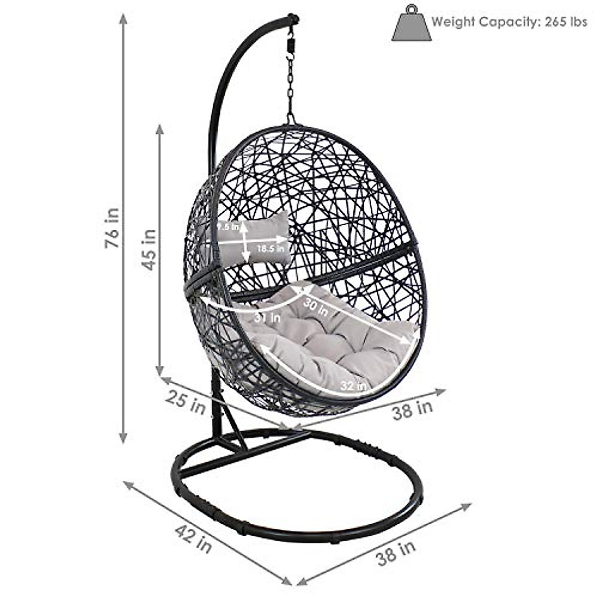 Sunnydaze Jackson Hanging Egg Chair with Steel Stand Set - All-Weather Construction - Resin Wicker Porch Chair - Large Basket Design - Outdoor Lounging Chair - Includes Gray Cushions
