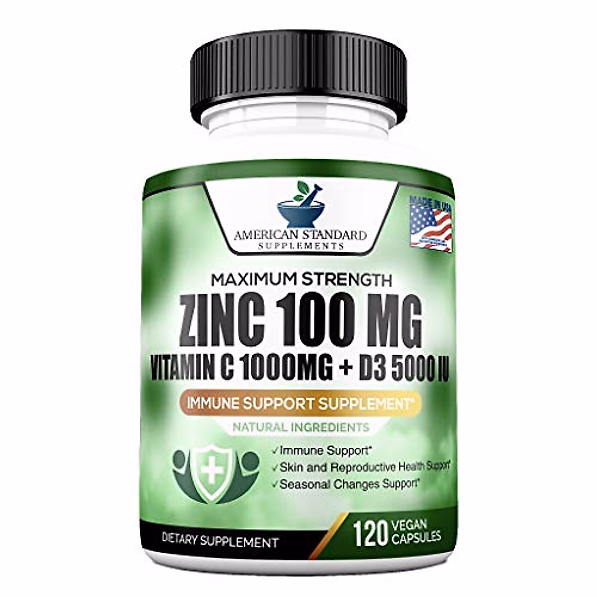 Zinc 100mg, Vitamin C 1000mg, Vitamin D 5000IU per Serving, Immune Support for Adults, Immune System Booster Supplements, Non GMO, No Filler, No Stearate, 120 Vegan Capsules, 60 Day Supply