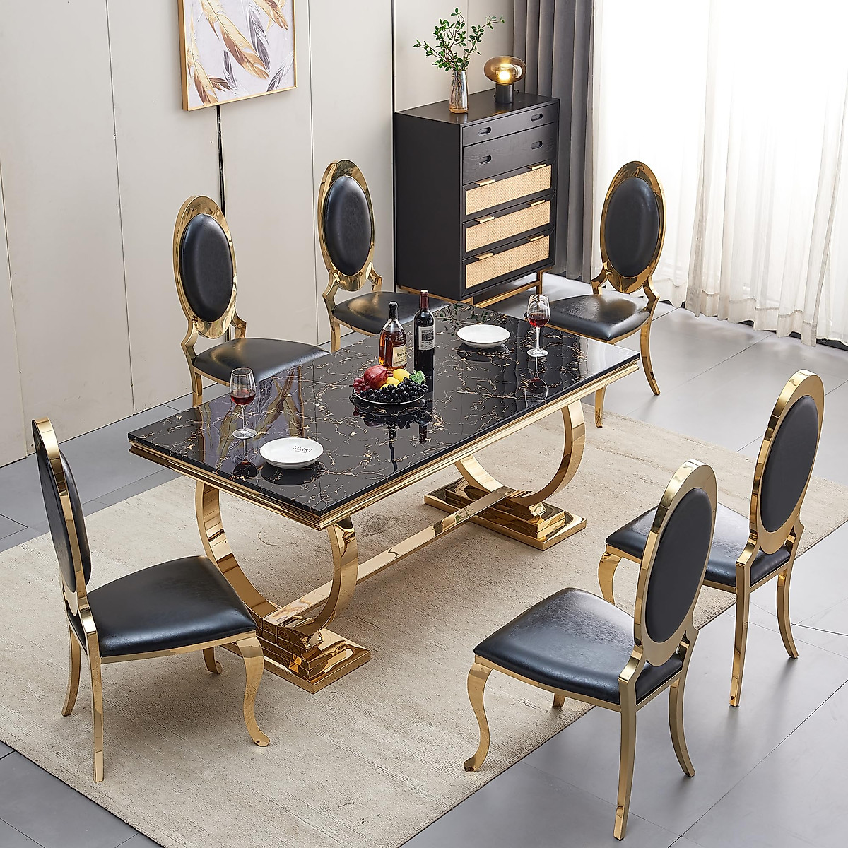 Maotifeys 70" Black Marble Dining Table, Rectangle Marble Top Dining Table for 6-8 Person, Gold U-Shape Stainless Steel Pedestal Dining Table, Mid Century Modern Dining Table for Dining Room Kitchen