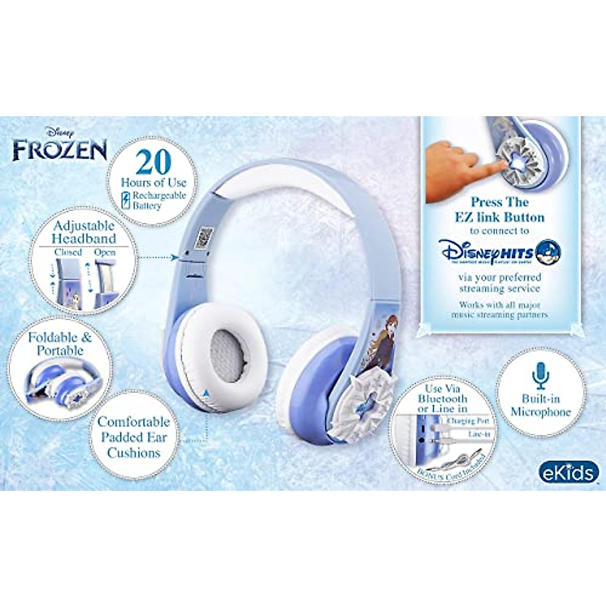 eKids Disney Frozen Bluetooth Headphones with EZ Link, Wireless Headphones with Microphone and Aux Cord, Kids Headphones for School, Home, or Travel